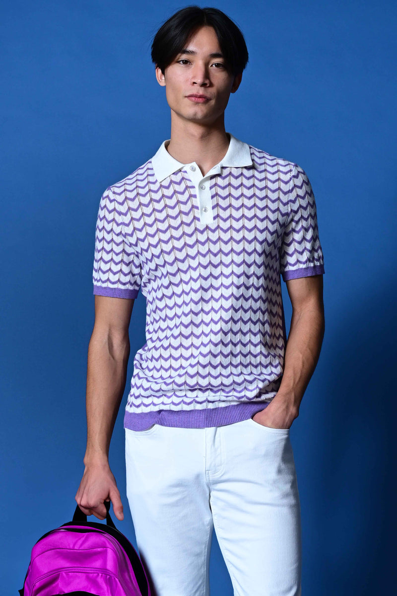 3 Button Chevron Polo - White & Lilac Zig Zag – Paisley & Gray